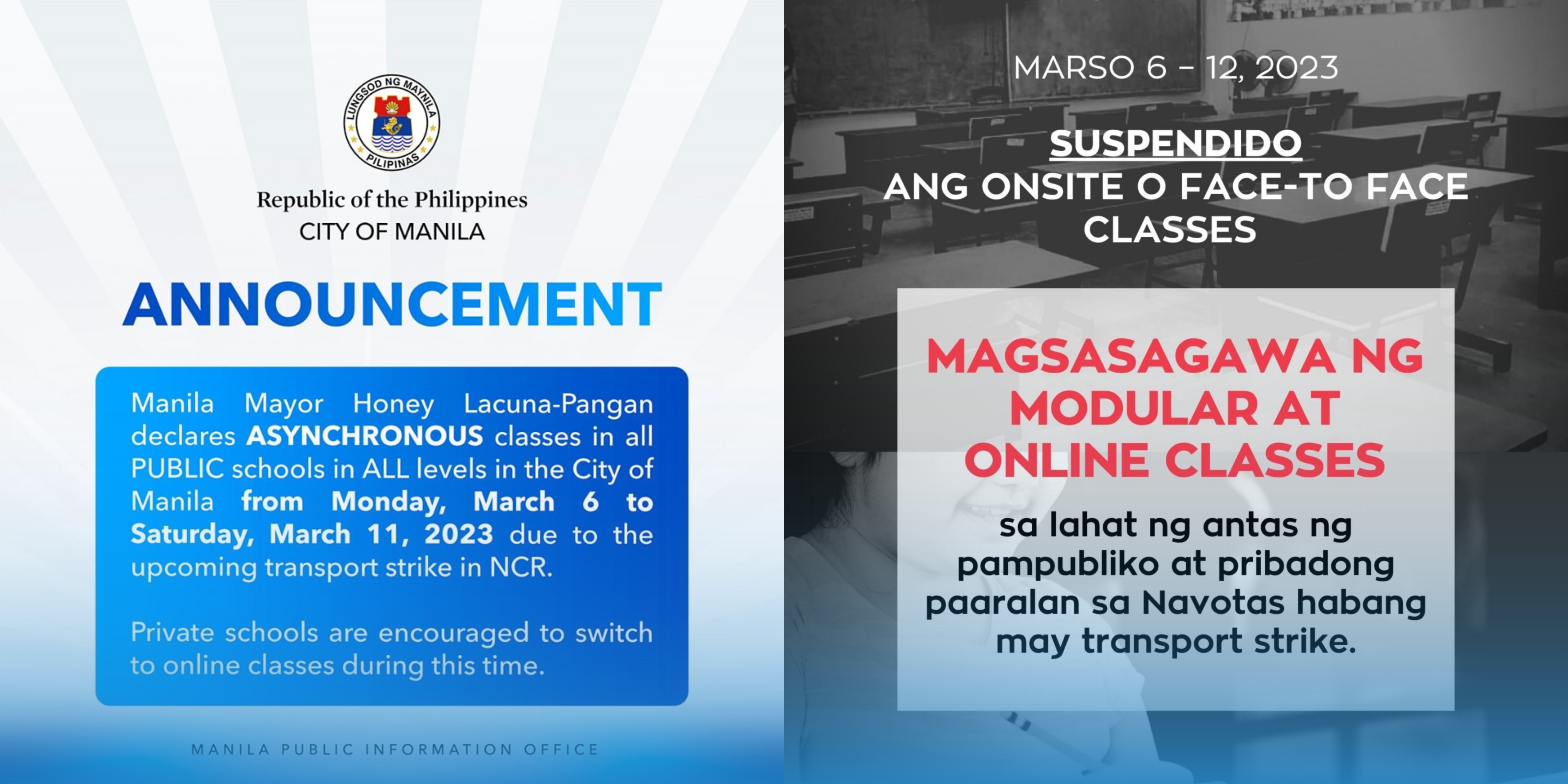 Manila, Navotas announced asynchronous classes due to transport strike