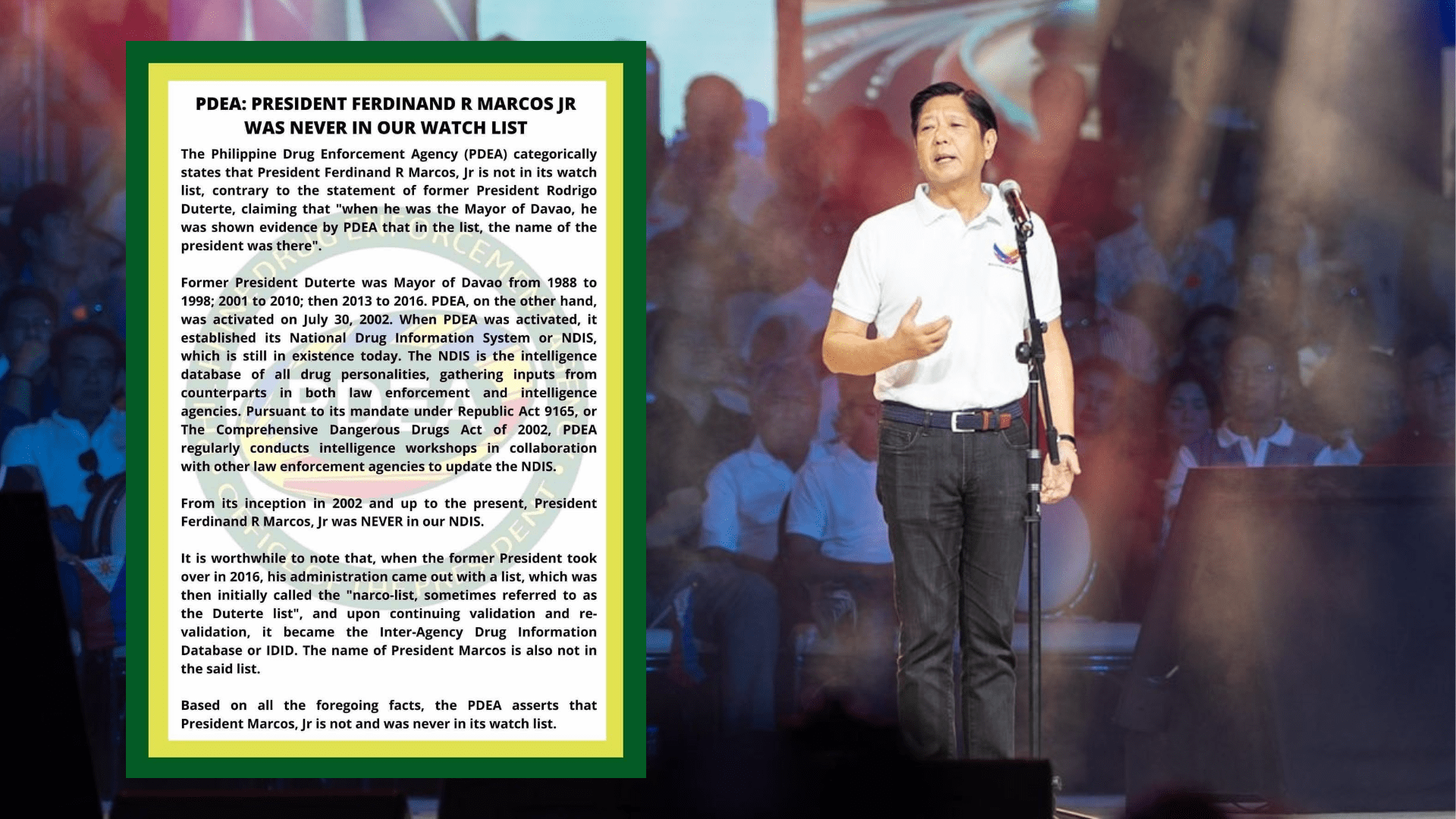 PDEA falsifies Duterte's allegation that Marcos is included in drug ...